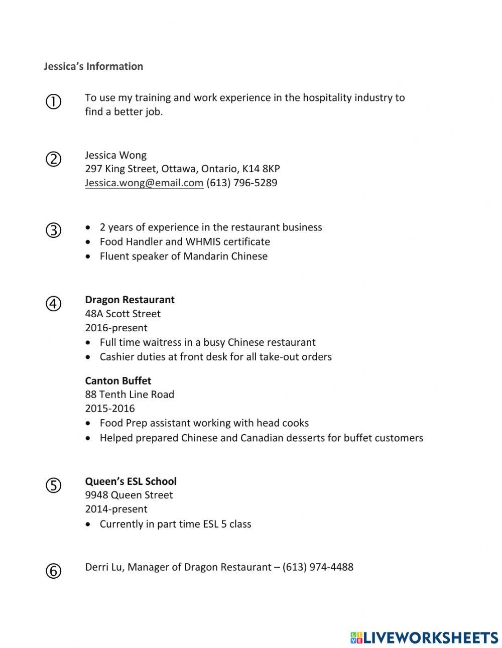 CLB 4 Reading Understanding Information on a Resume