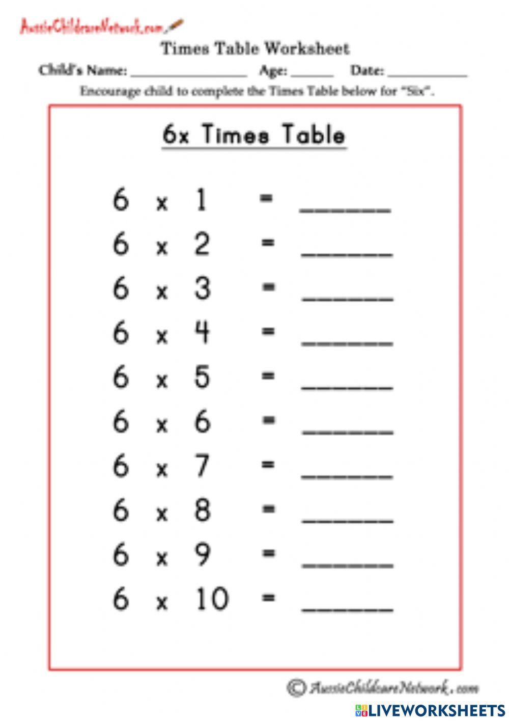 Prathyun | 6times table 2265427 | LiveWorksheets
