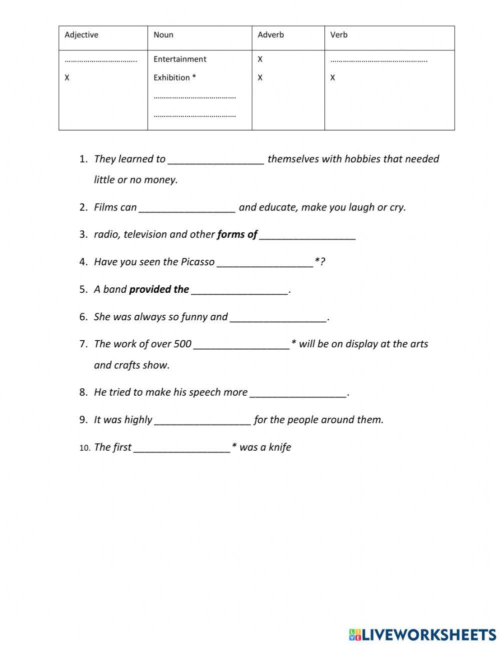 word form entertain, exhibit, educate worksheet | Live Worksheets