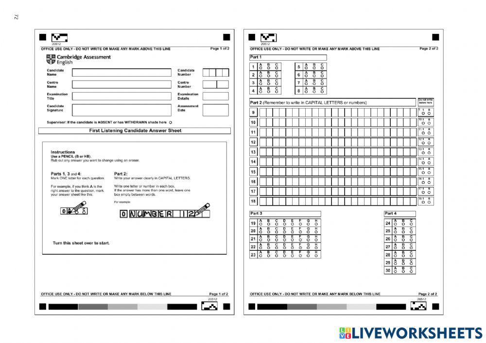 FCE Answersheet worksheet | Live Worksheets