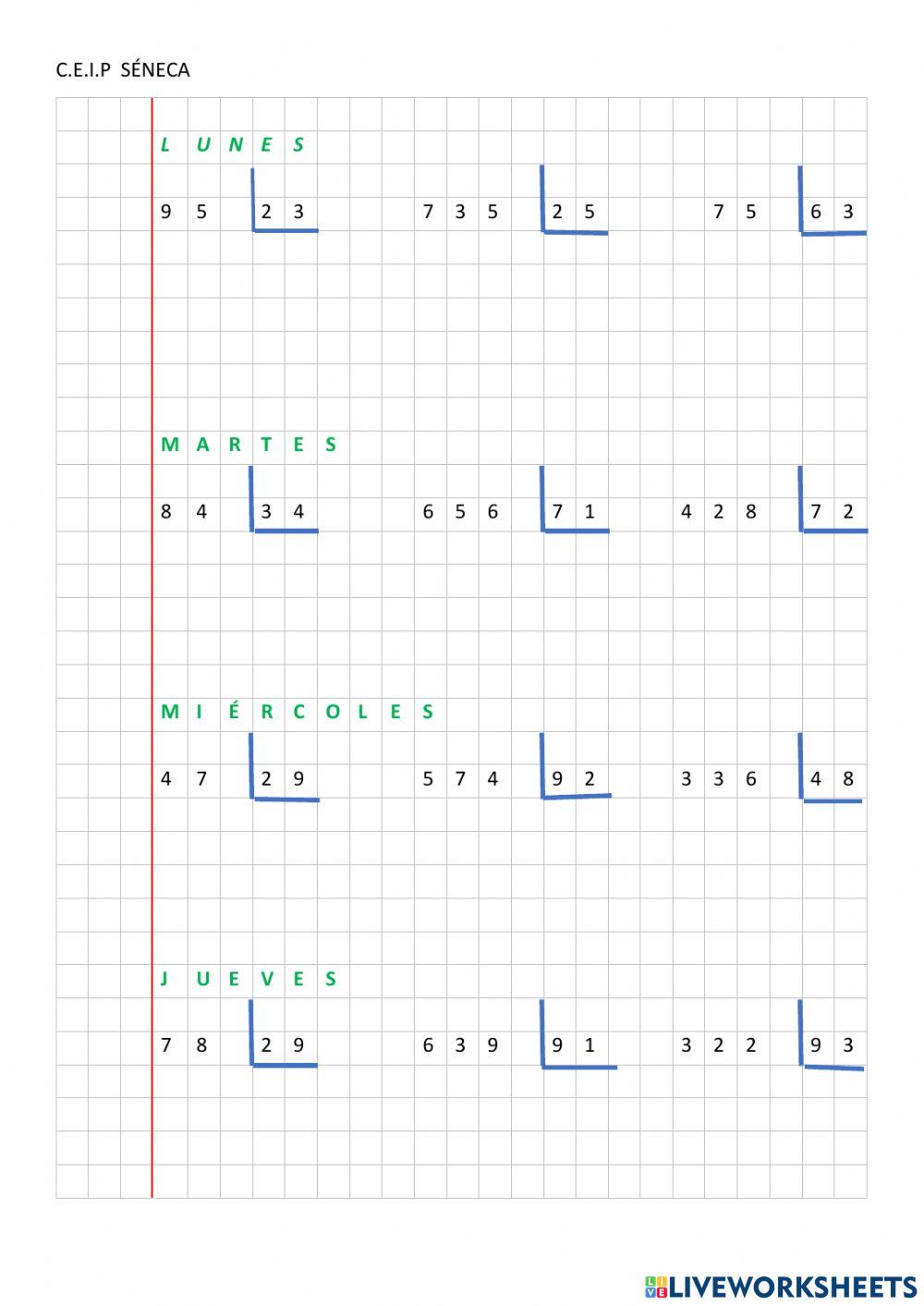 Divisiones fáciles dos cifras divisor C worksheet | Live Worksheets