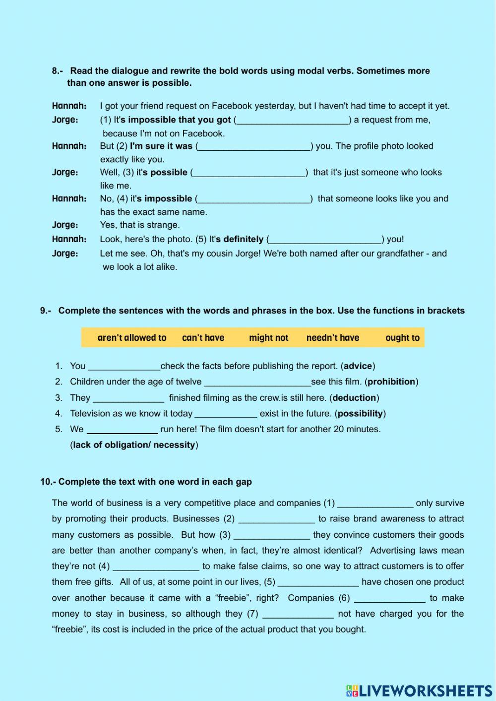 Modals online exercise for Year 12 | Live Worksheets