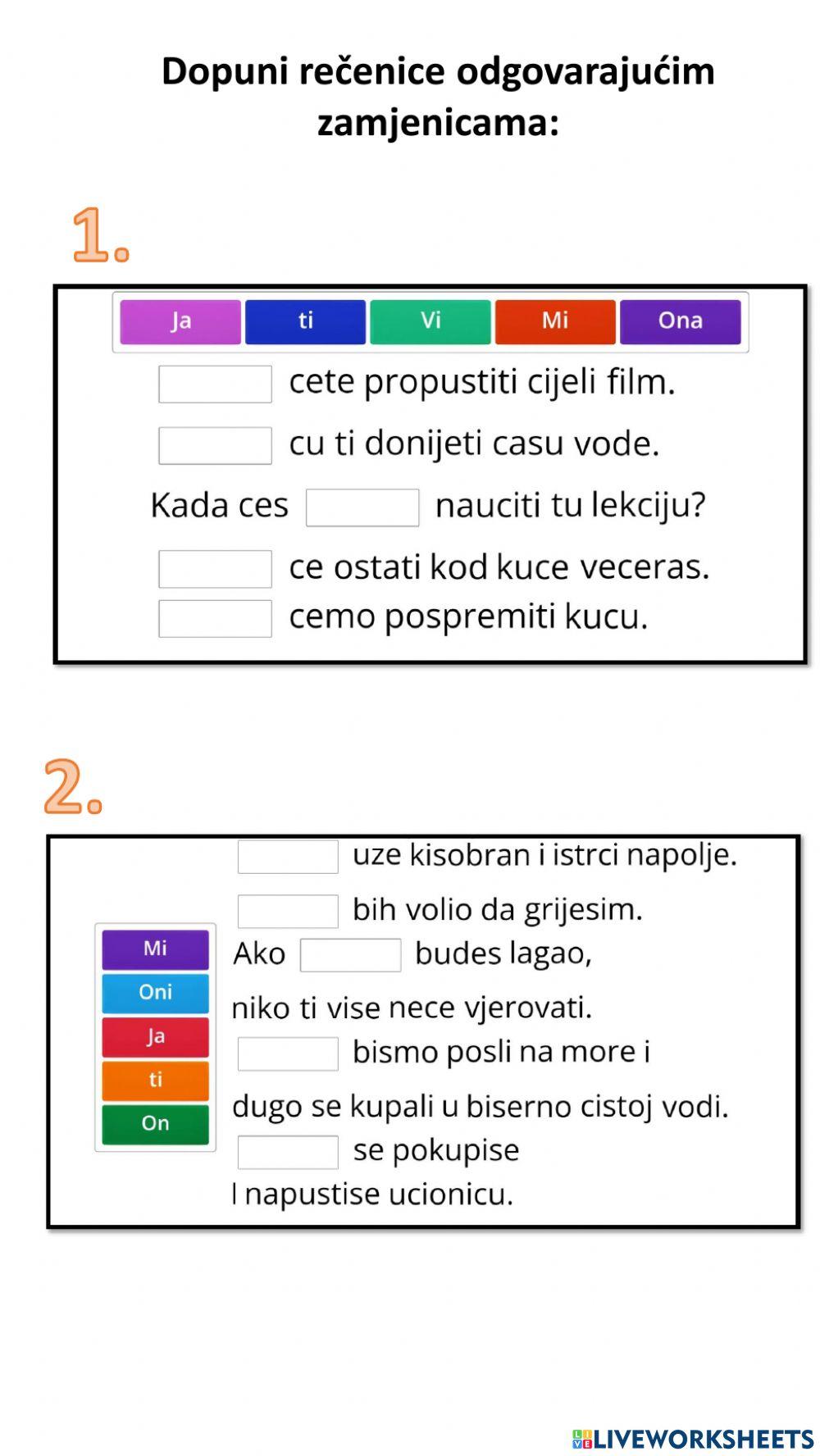 Zamjenice online exercise | Live Worksheets