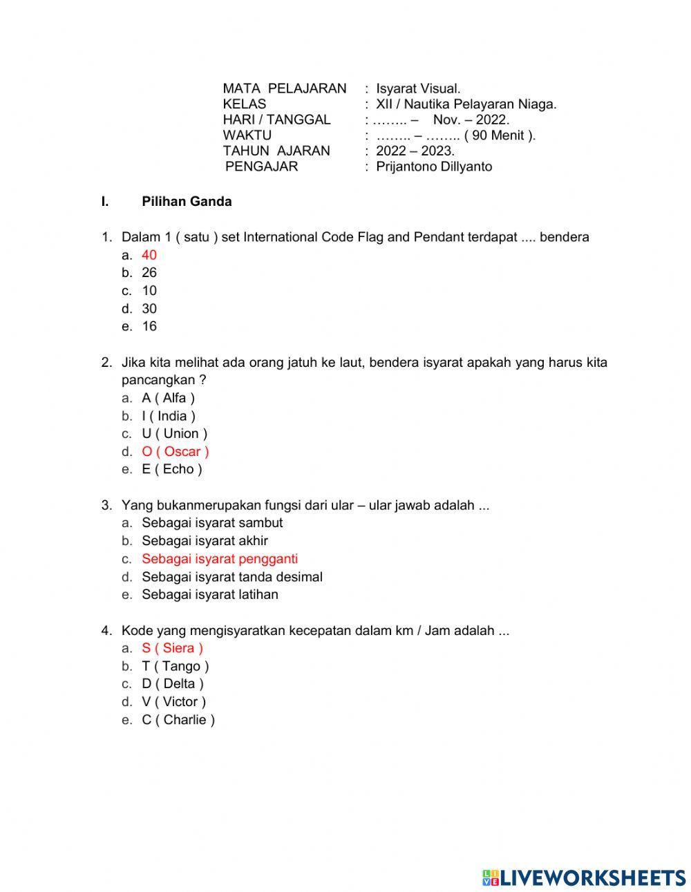 Soal isyarat visual worksheet | Live Worksheets