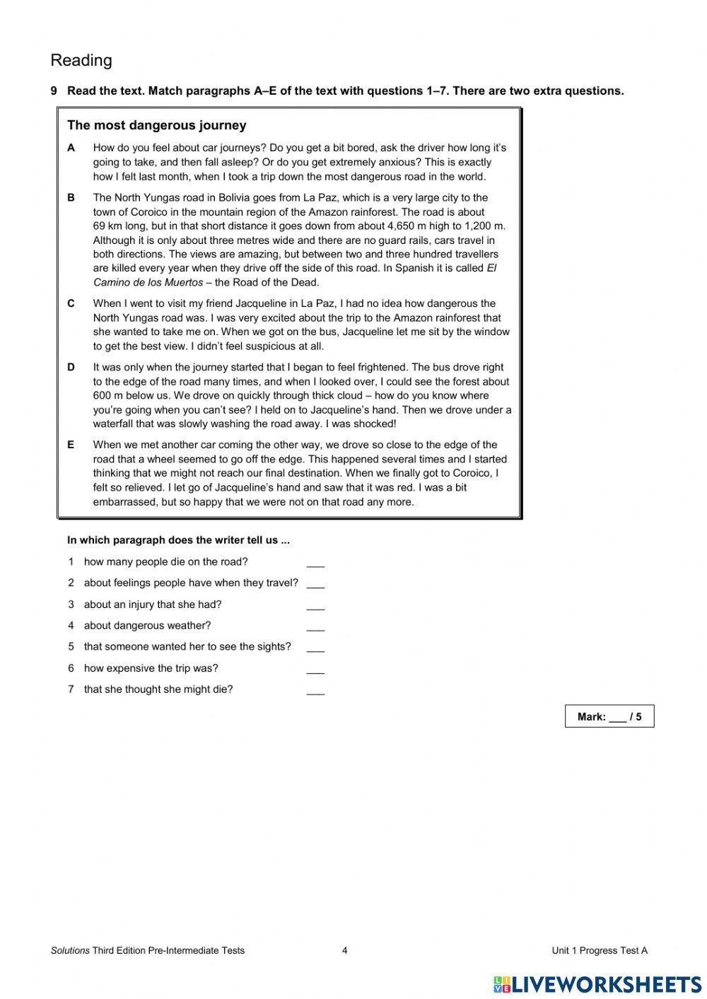 2519129 | Progress Test Unit 1 (A), Solutions Third