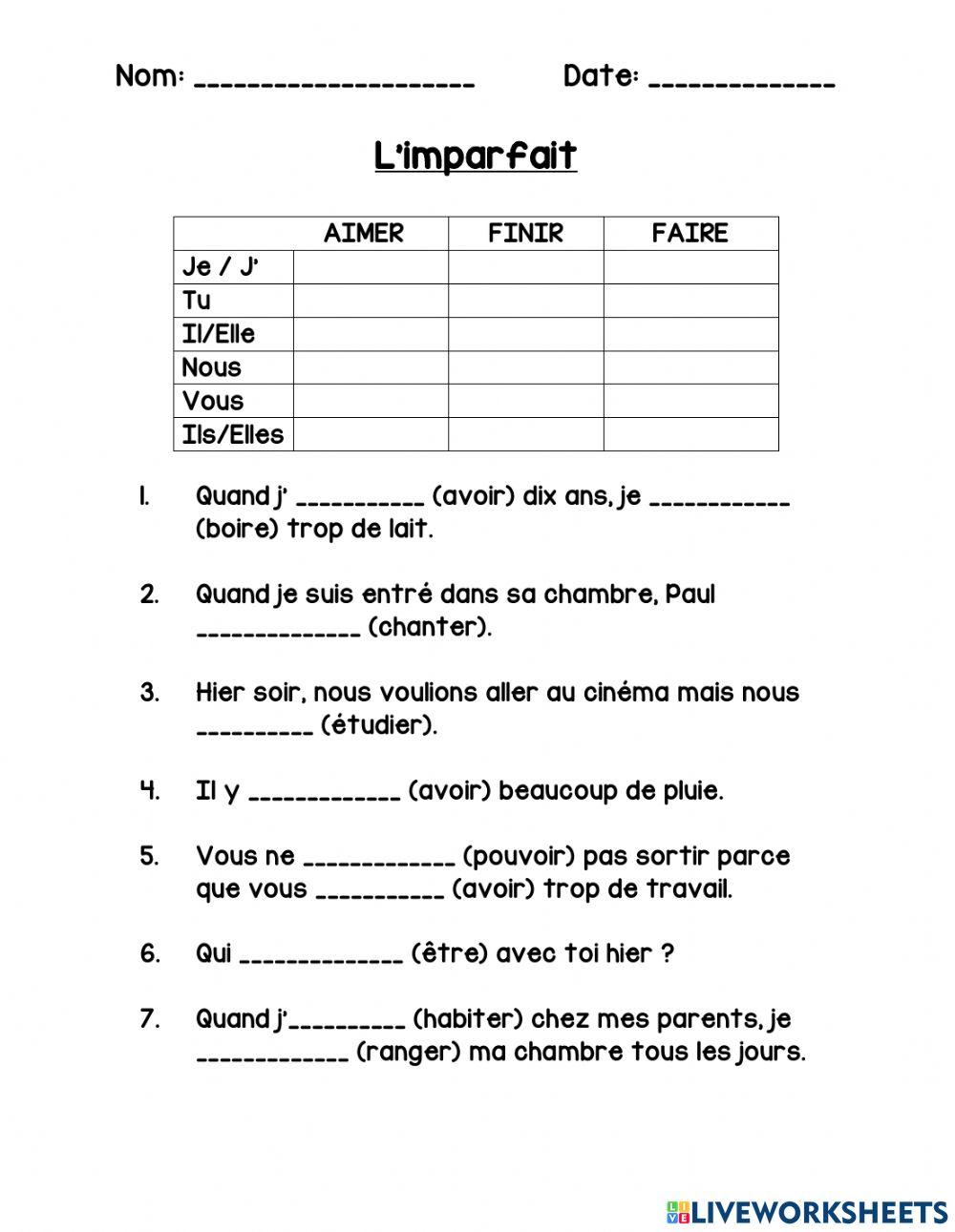 L'imparfait Quiz online exercise for | Live Worksheets