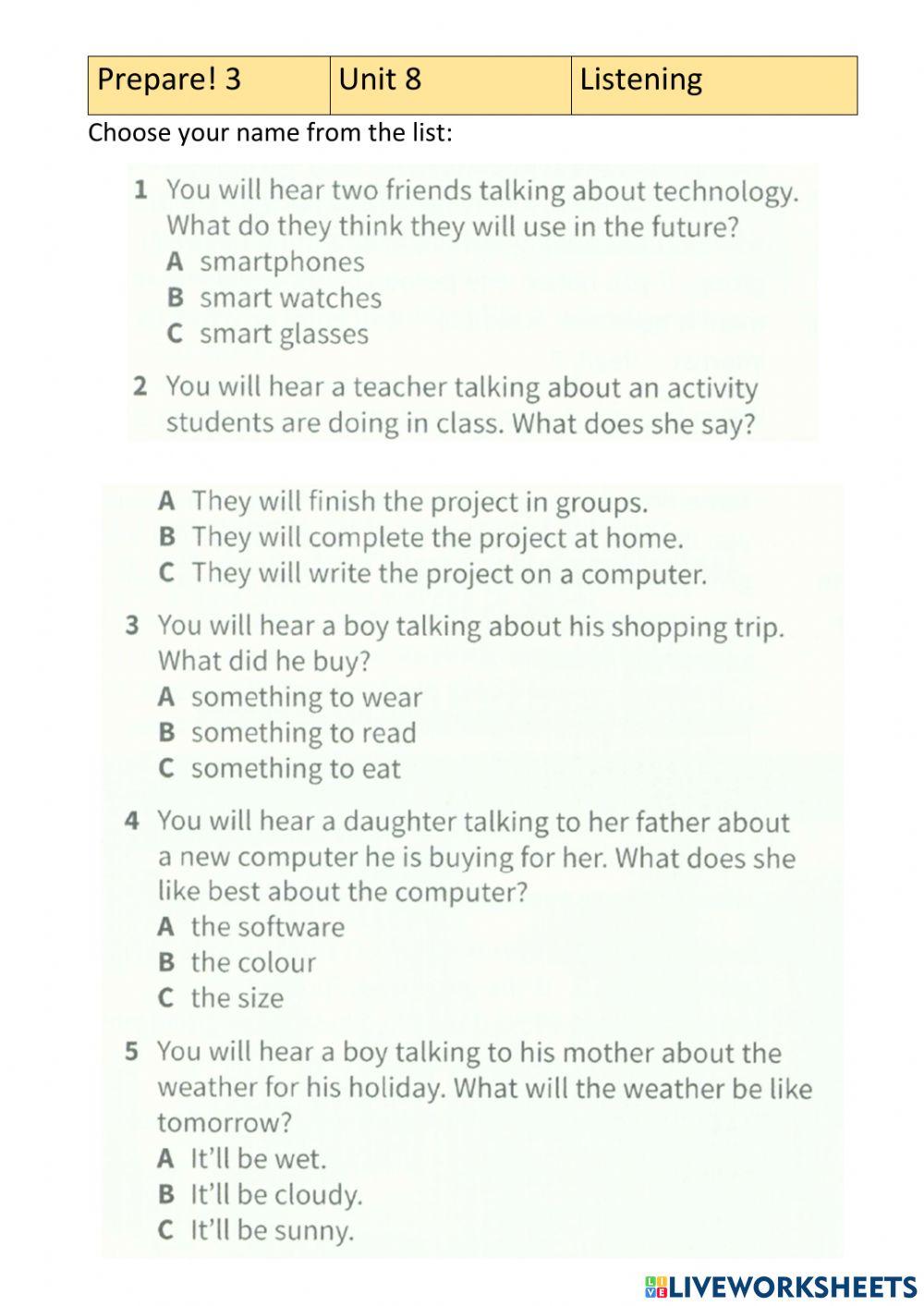 Listening test online exercise for Prepare 3 | Live Worksheets