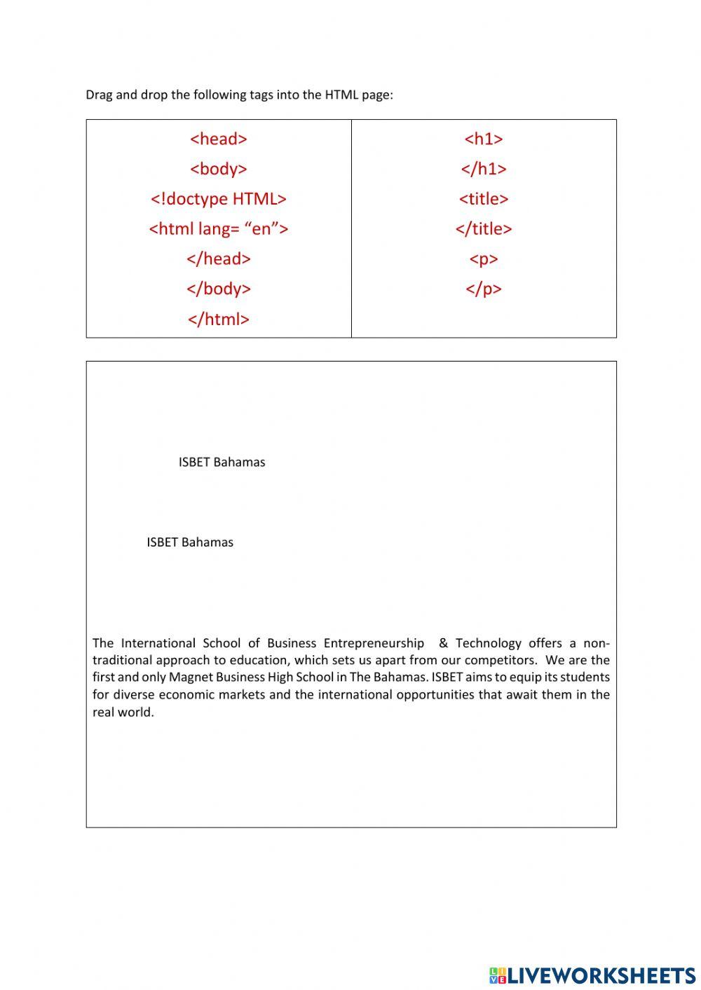 HTML Basic Webpage Structure Drag And Drop worksheet | Live Worksheets