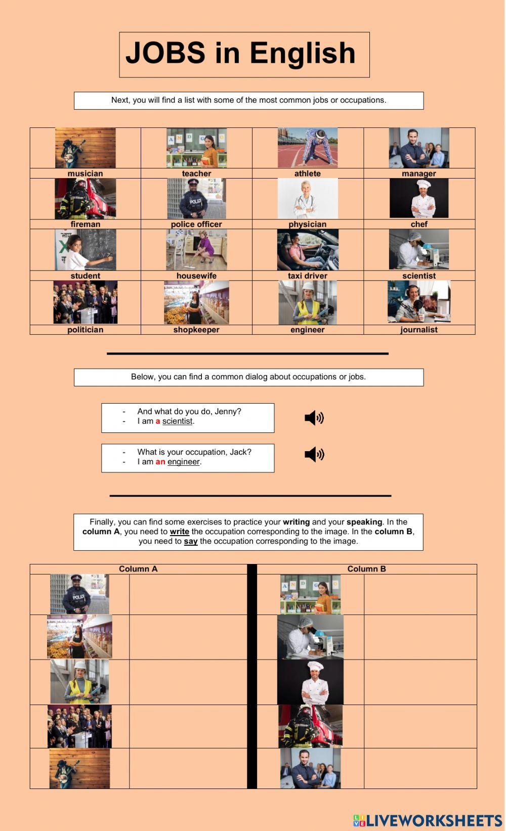 Jobs in English | Free Interactive Worksheets | 2270211