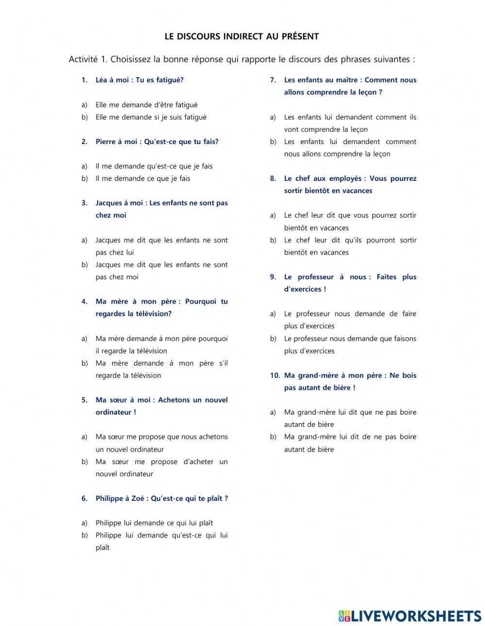 Discours indire… | Free Interactive Worksheets | 2270530