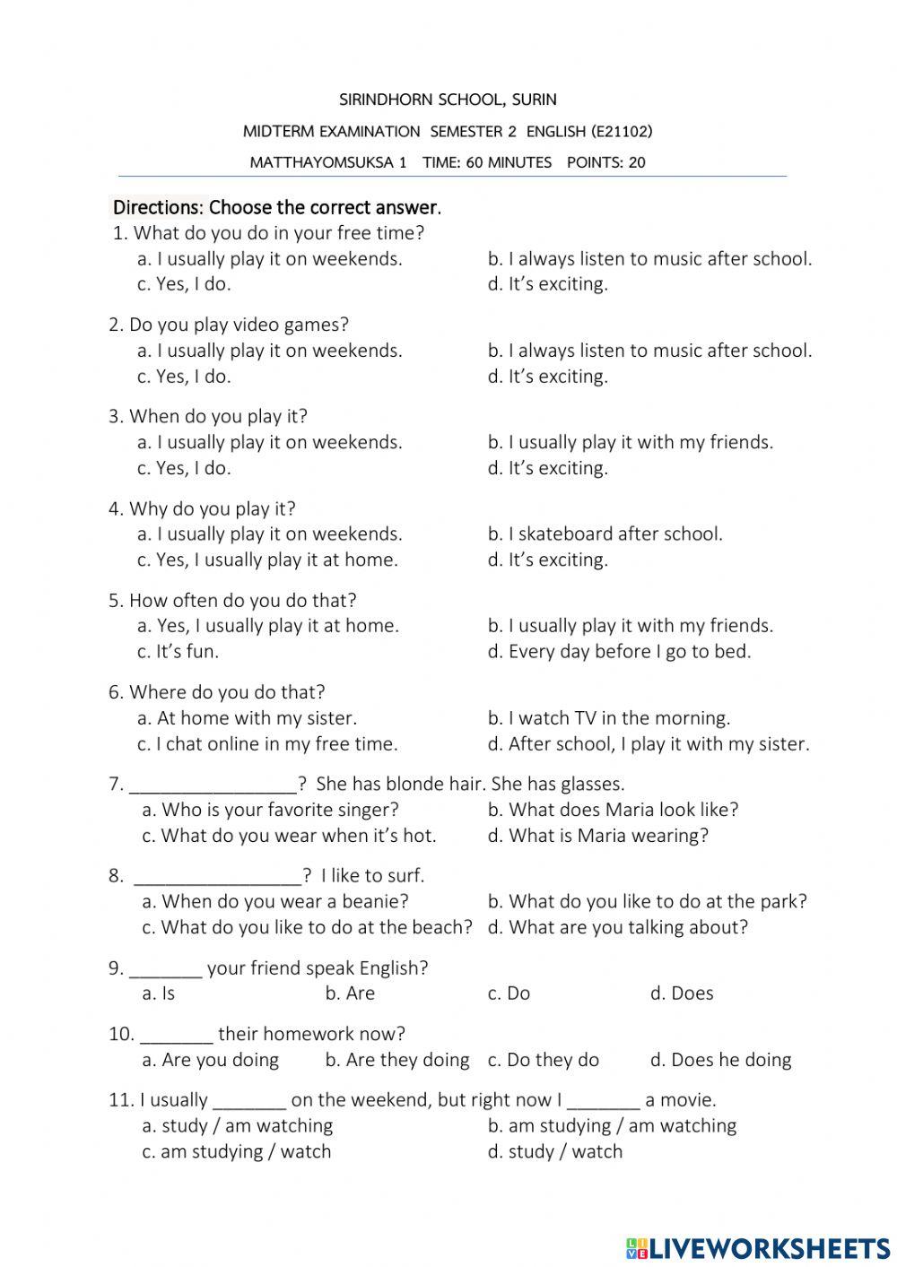 แบบทดสอบกลางภาคเรียนที่ 2 ปี 2565 online exercise for | Live Worksheets