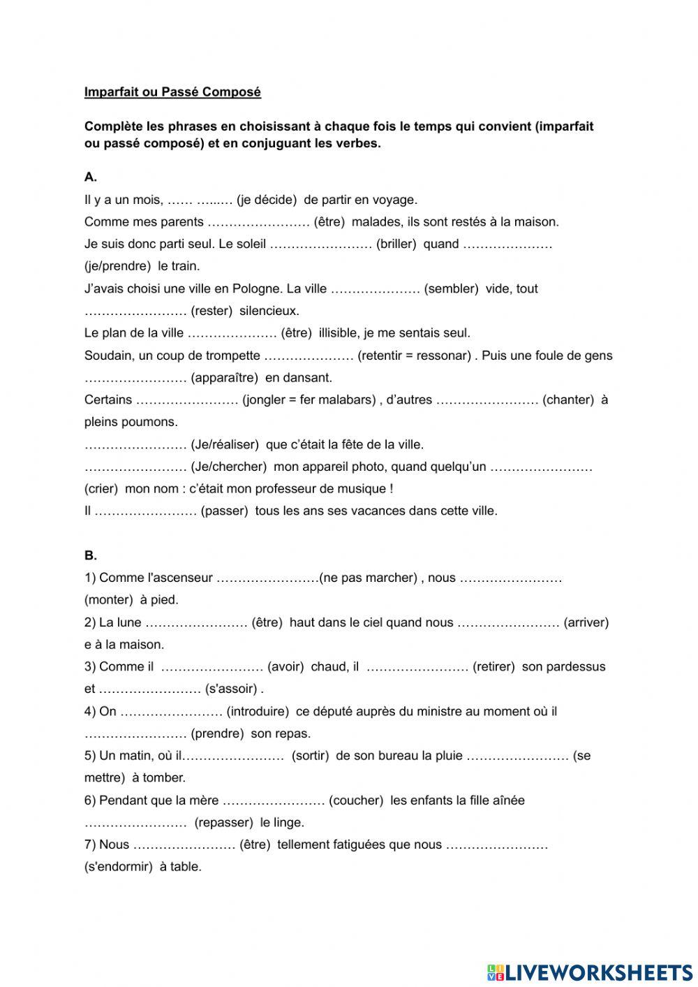 Imparfait Ou Passé Composé Worksheet Live Worksheets