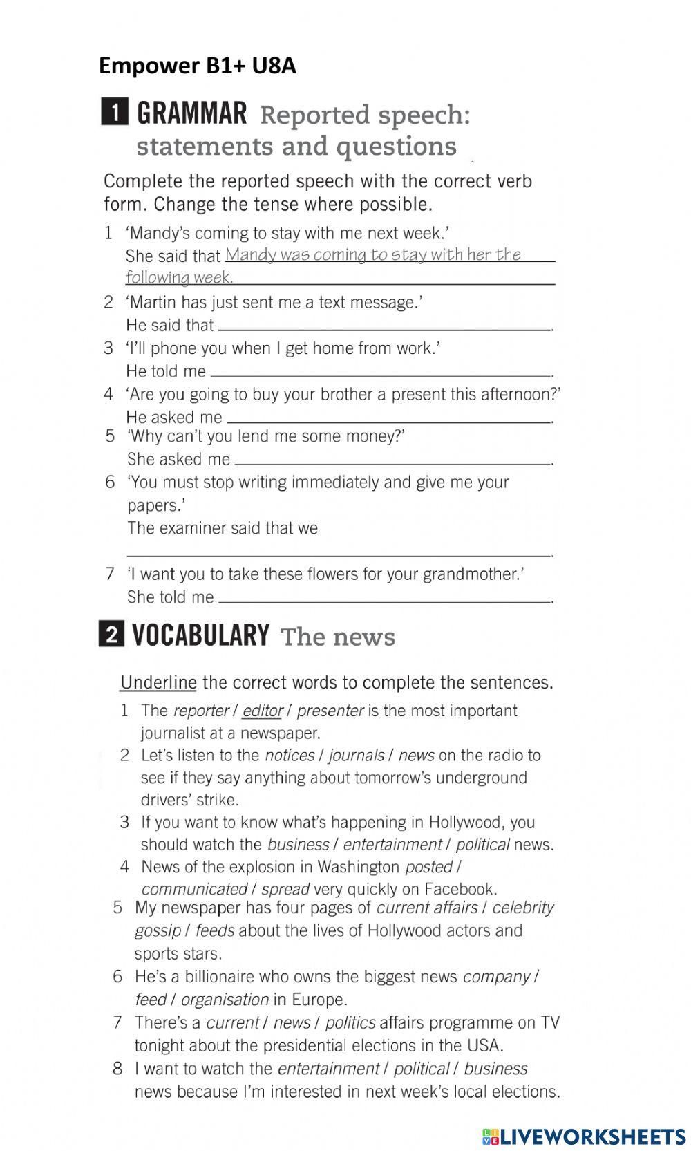Empower B1+ U8A worksheet | Live Worksheets