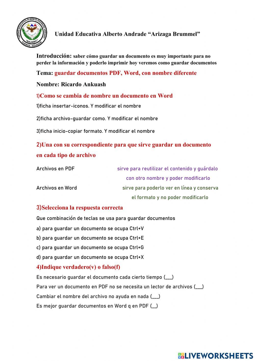 Guardar documentos interactive worksheet | Live Worksheets