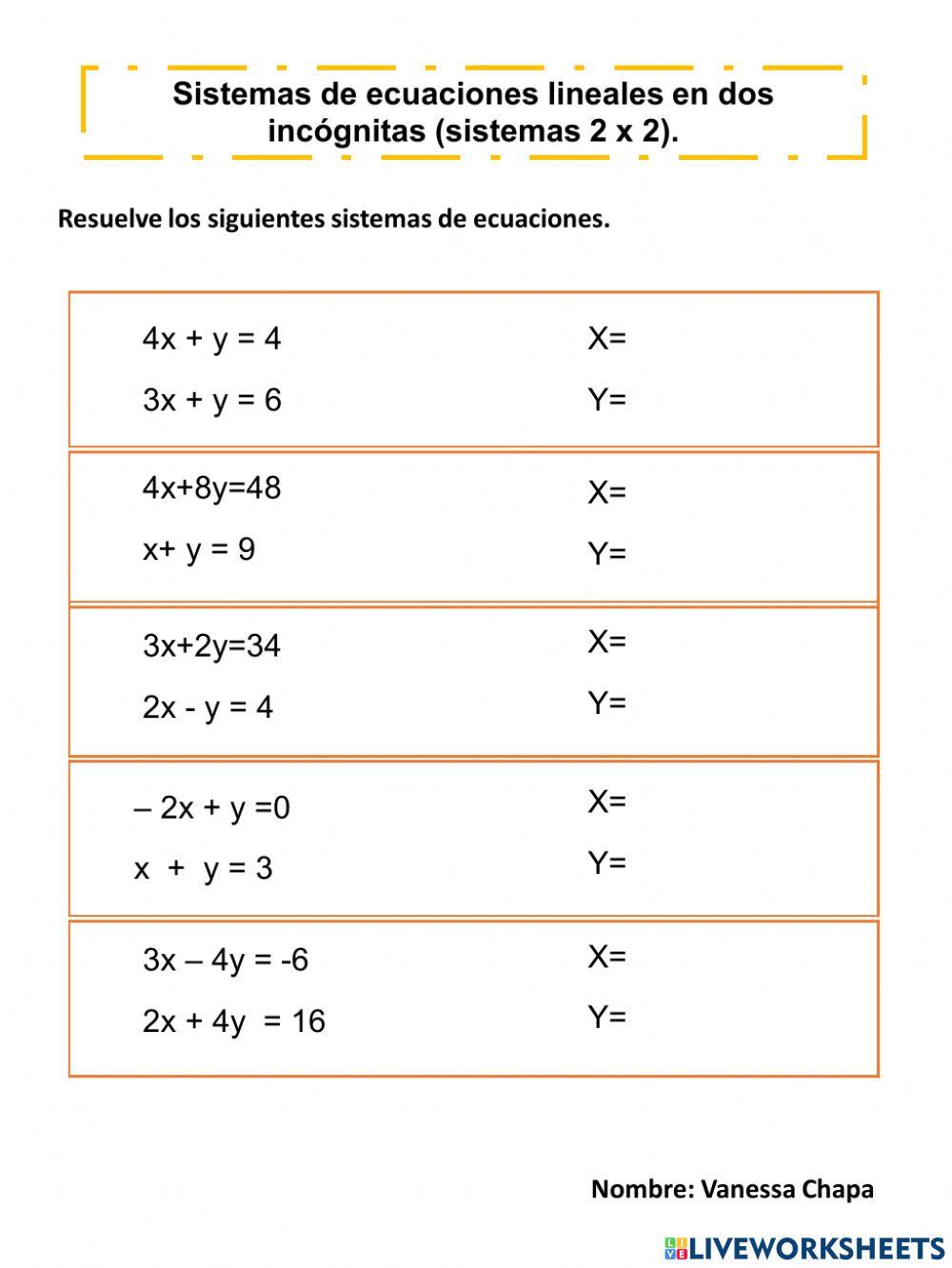 Ecuaciones lineales en dos incógnitas worksheet | Live Worksheets
