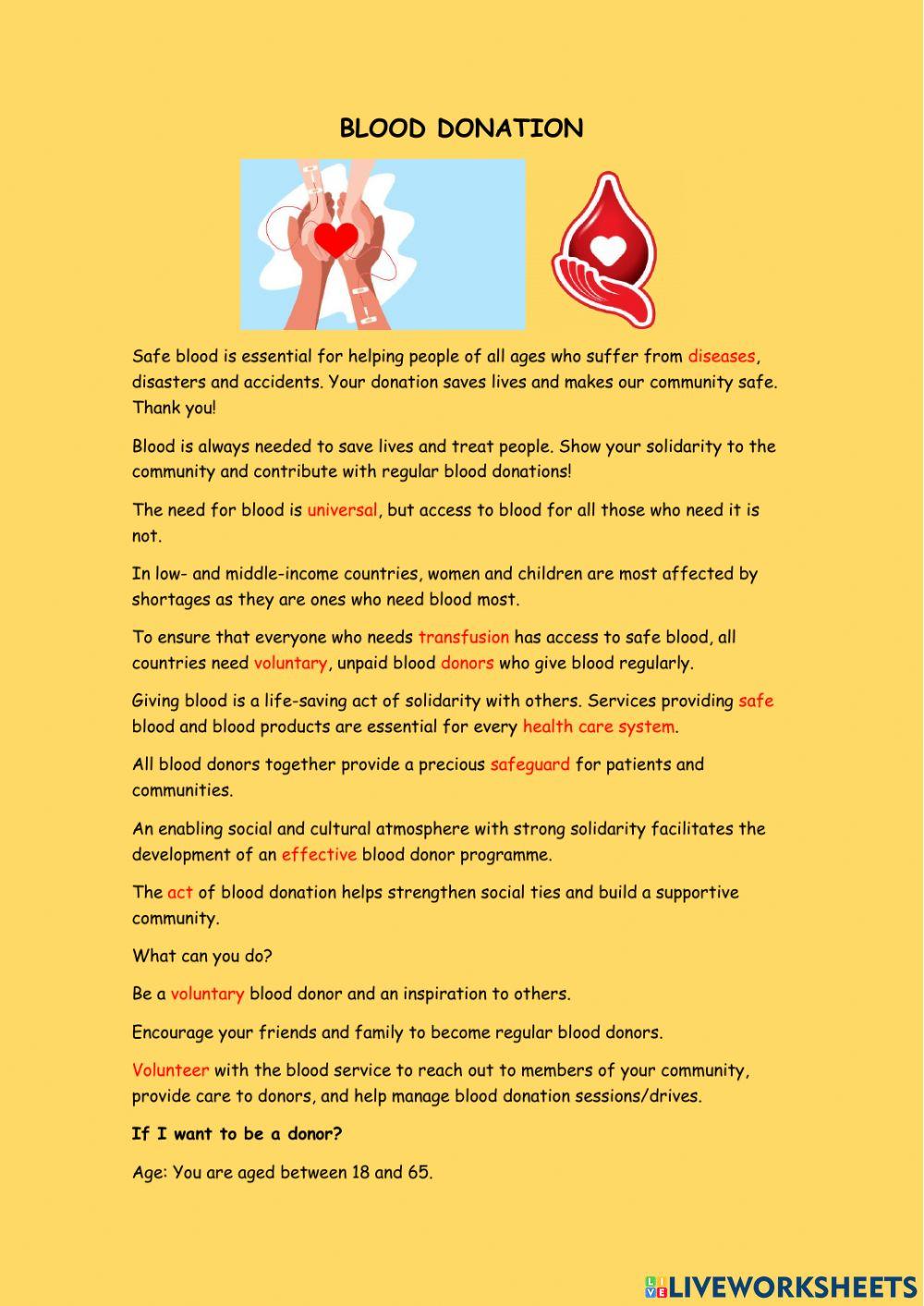 Blood donation | Free Interactive Worksheets | 2271603