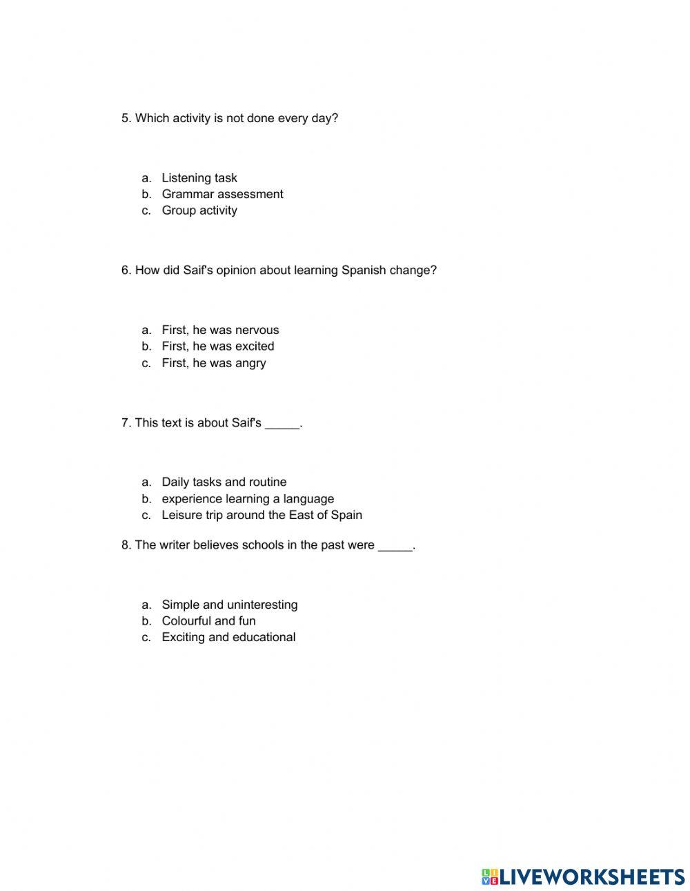 Questions online exercise for 8 | Live Worksheets