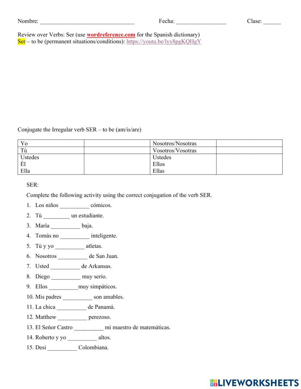 The verb - Ser | Free Interactive Worksheets | 2273174
