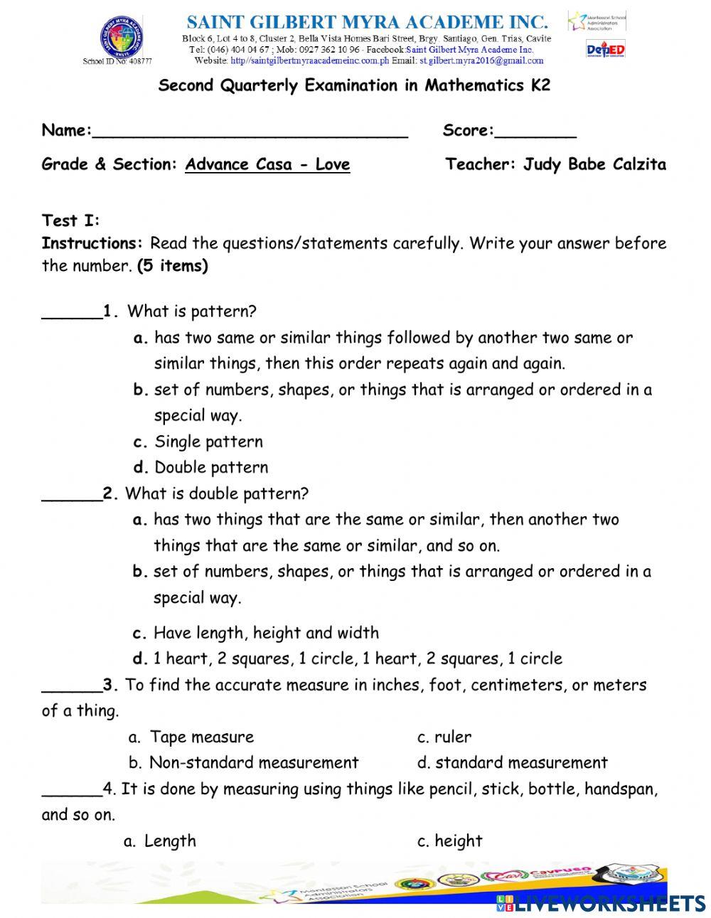 Second Quarterly Examination-Math online exercise for | Live Worksheets