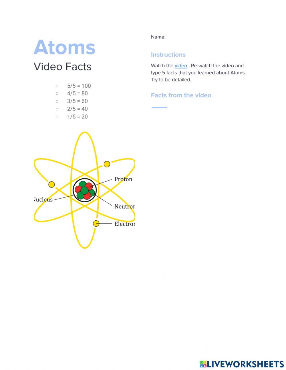 Atoms 5 Video Facts worksheet | Live Worksheets