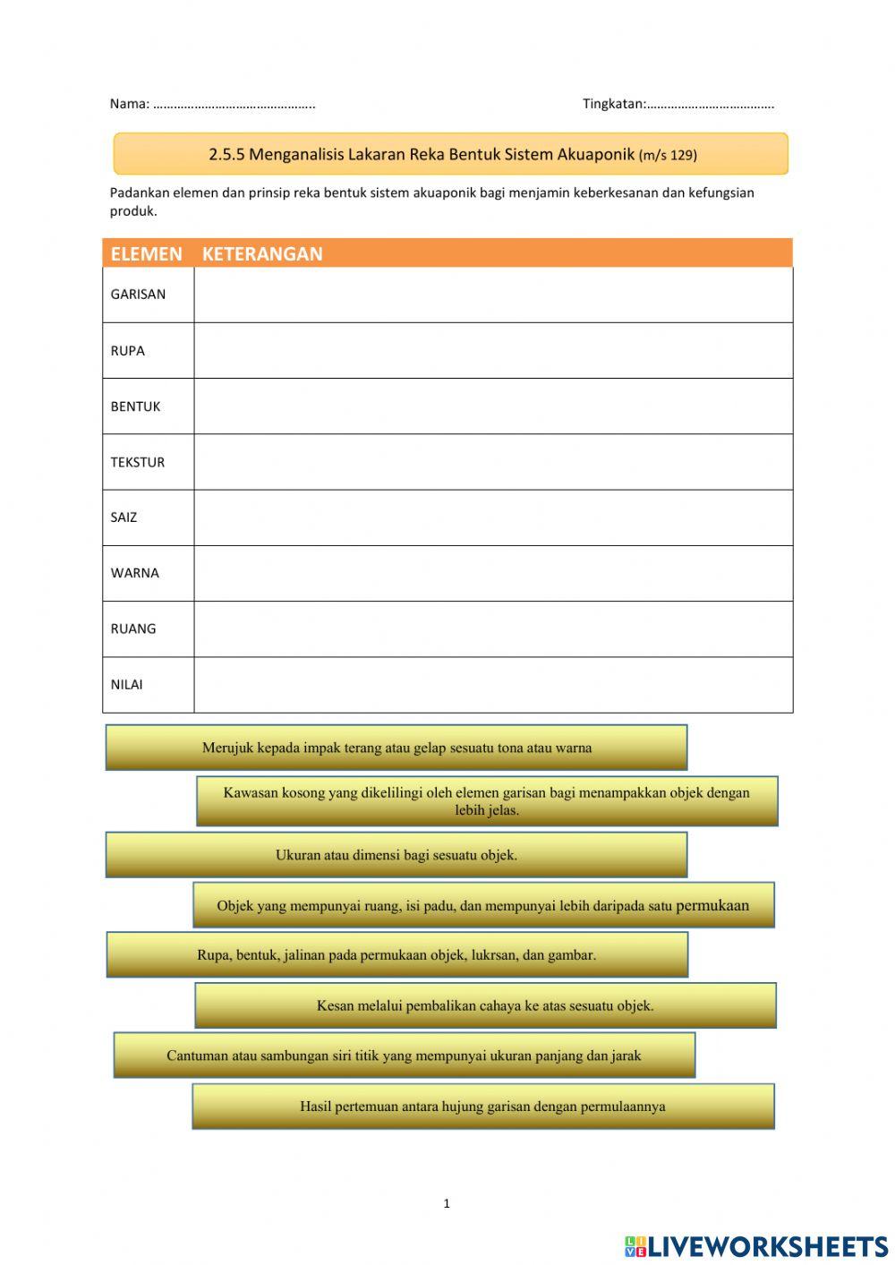 2.5.5 elemen dan prinsip reka cipta worksheet | Live Worksheets