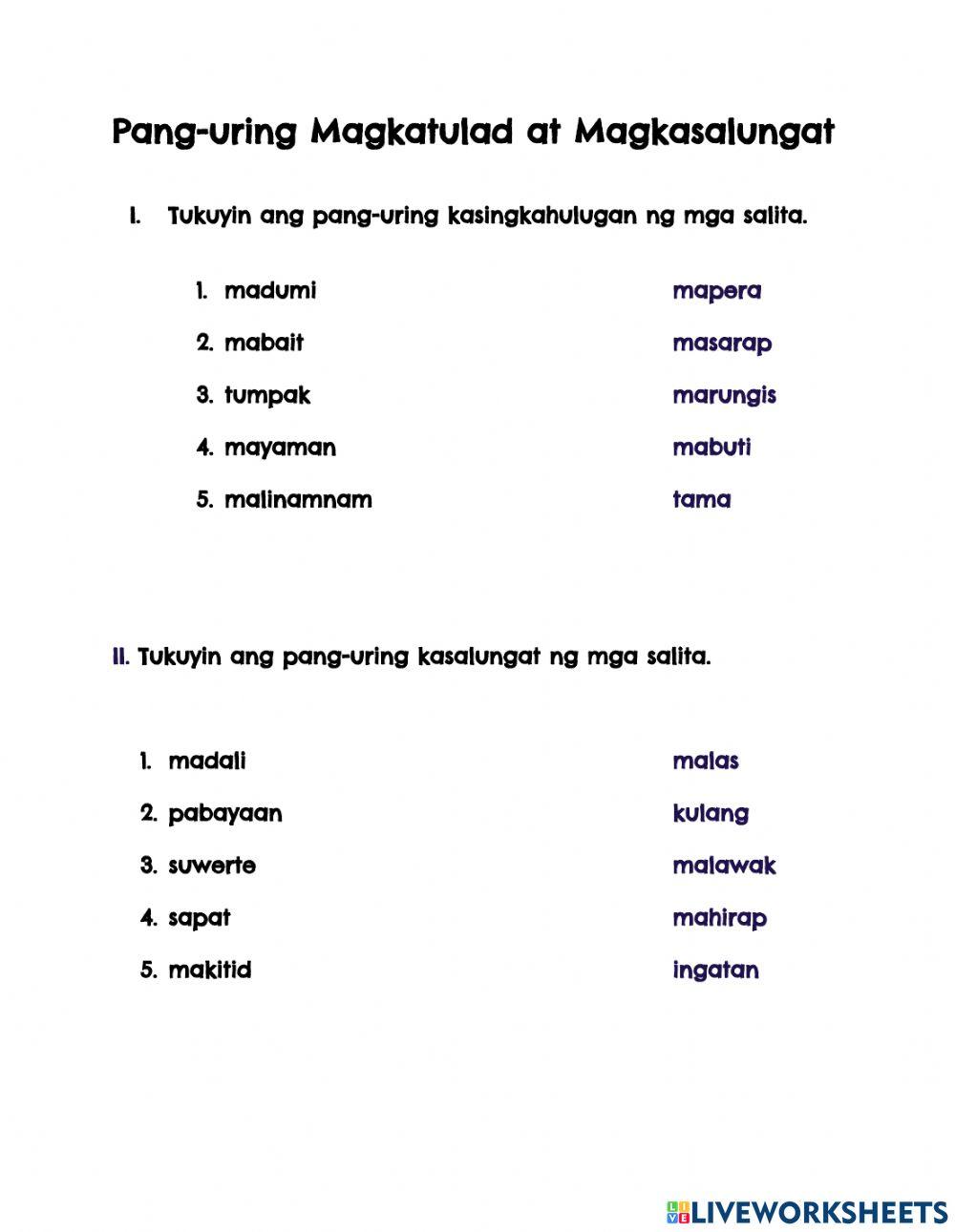 Magkasingkahulugan Magkasalungat Online Exercise For Live Worksheets