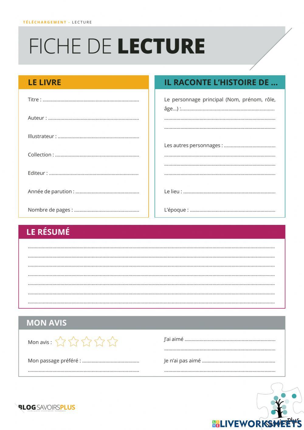 Fiche de lecture interactive worksheet | Live Worksheets