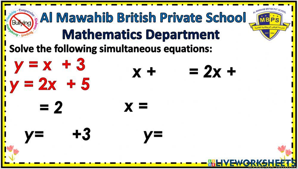 Simultaneous equations | Live Worksheets