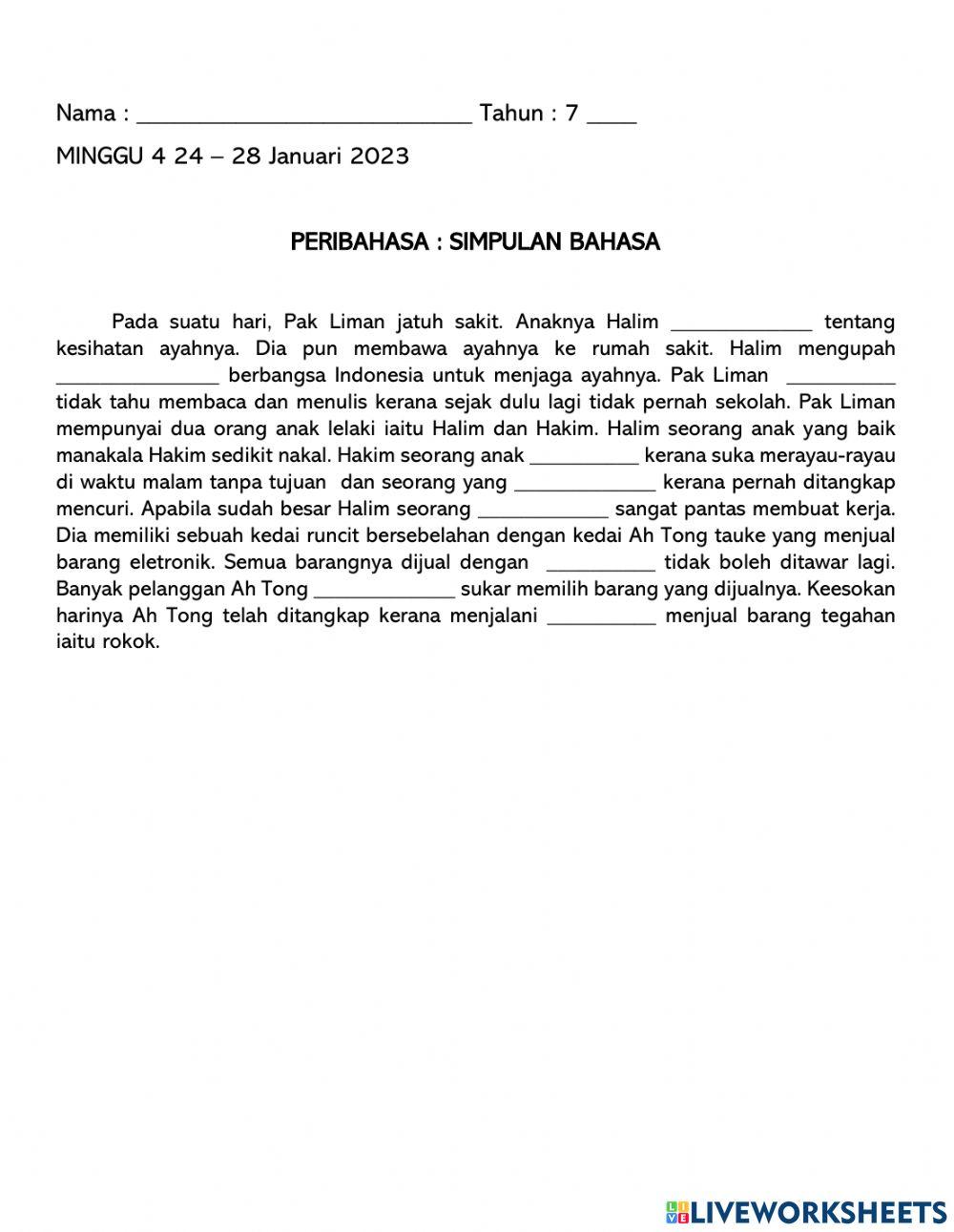 Latihan Simpulan Bahasa Tahun 7 Online Exercise For Live Worksheets