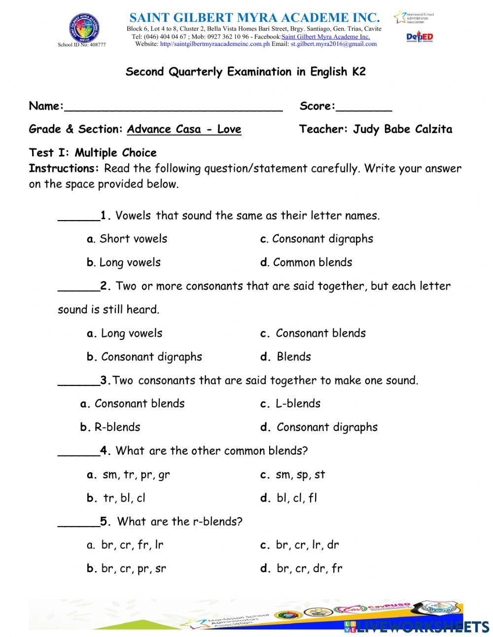 Second Quarterly Examination-English online exercise for | Live Worksheets