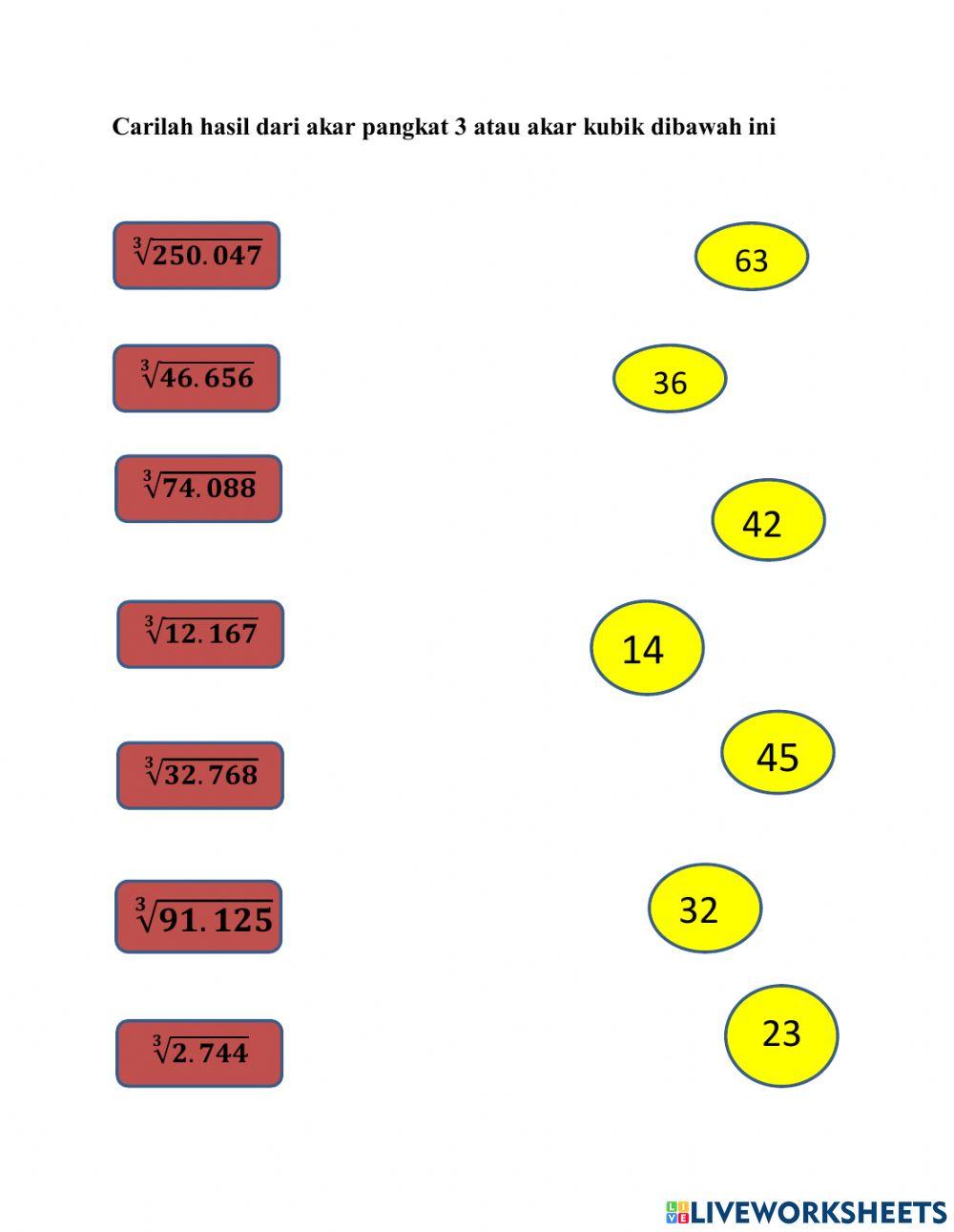 Akar pangkat 3 | Free Interactive Worksheets | 2276141