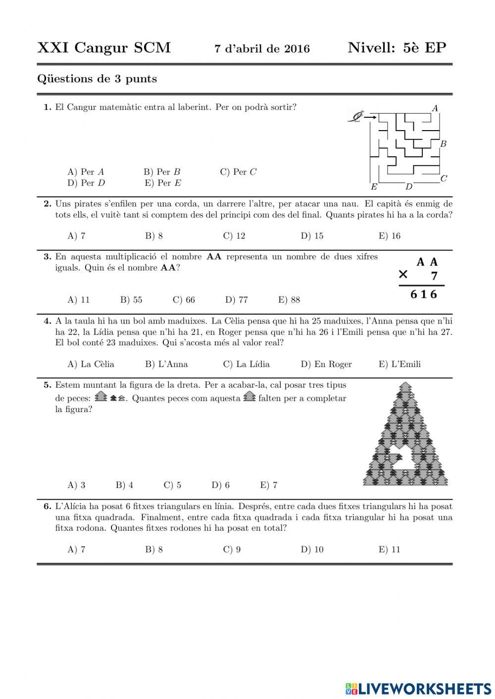 Prova Cangur 2016 worksheet | Live Worksheets