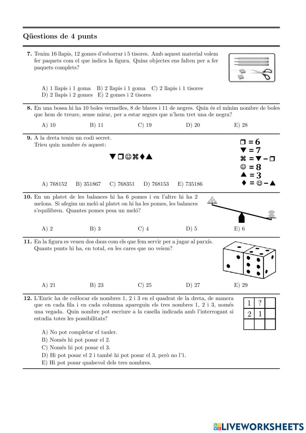 Prova Cangur 2016 worksheet | Live Worksheets