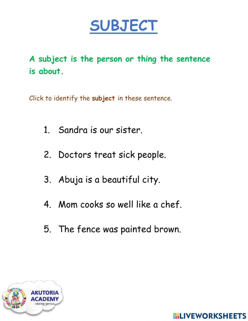 Subject 2276338 | AKUTORIA ACADEMY | Live Worksheets