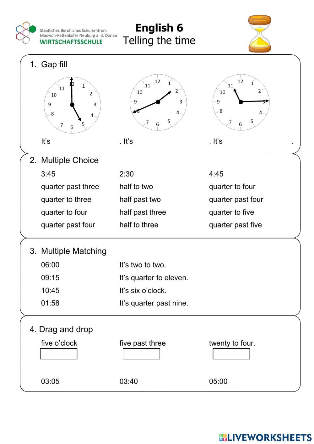 Telling the time 2276675 | JRStengel | Live Worksheets