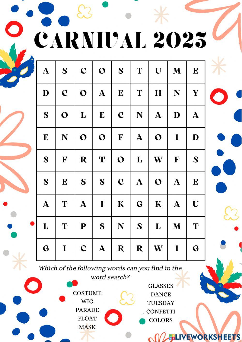 Carnival activi… | Free Interactive Worksheets | 2277057