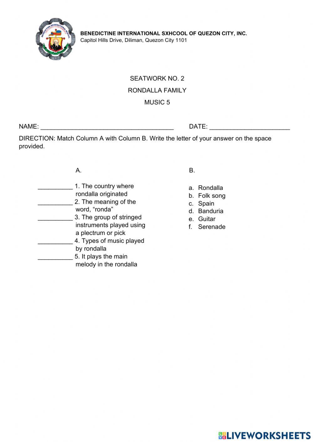 3rd Quarter Seatwork No. 2 - Rondalla Family 2278024
