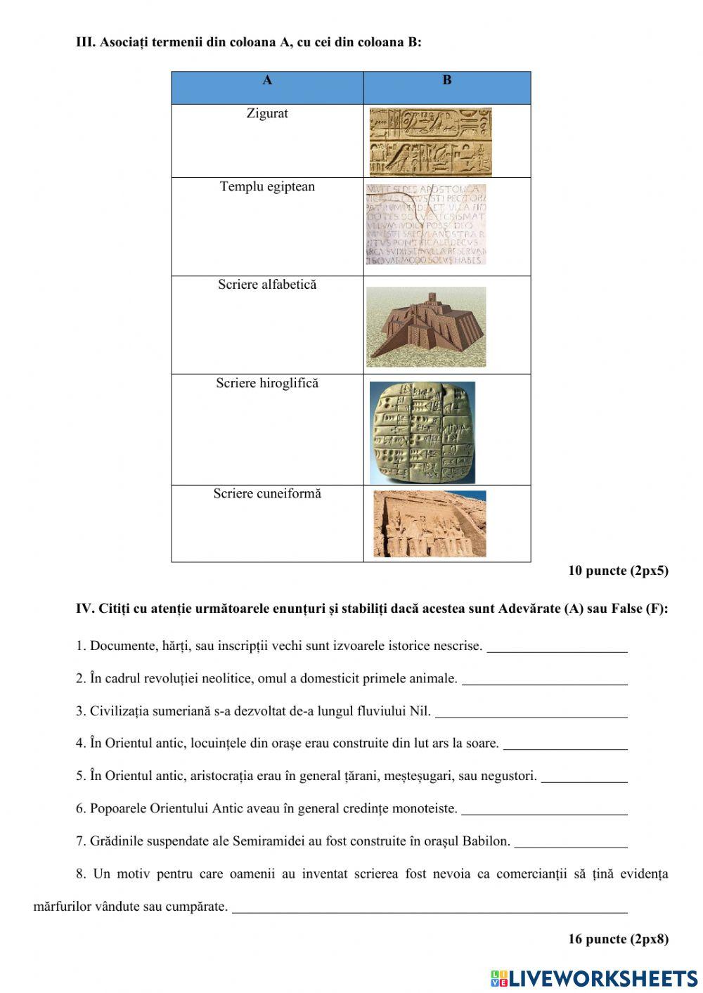 Evaluare sumativă-Alfabetul Istoriei-Preistoria-Orientul antic interactive worksheet | Live ...
