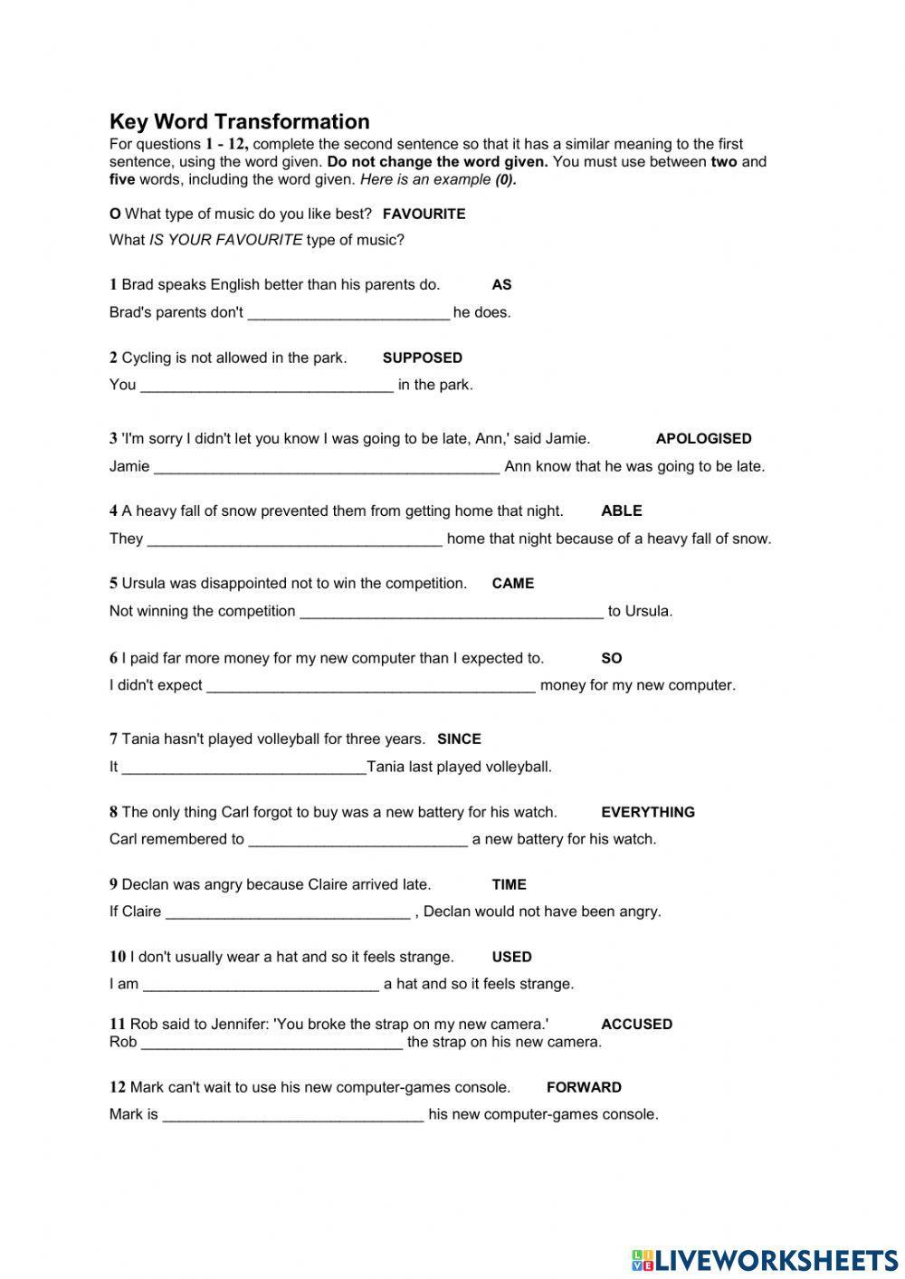 Key Word Transformation 1 Exercise Live Worksheets key-word-transformation-1-exercise-live-worksheets