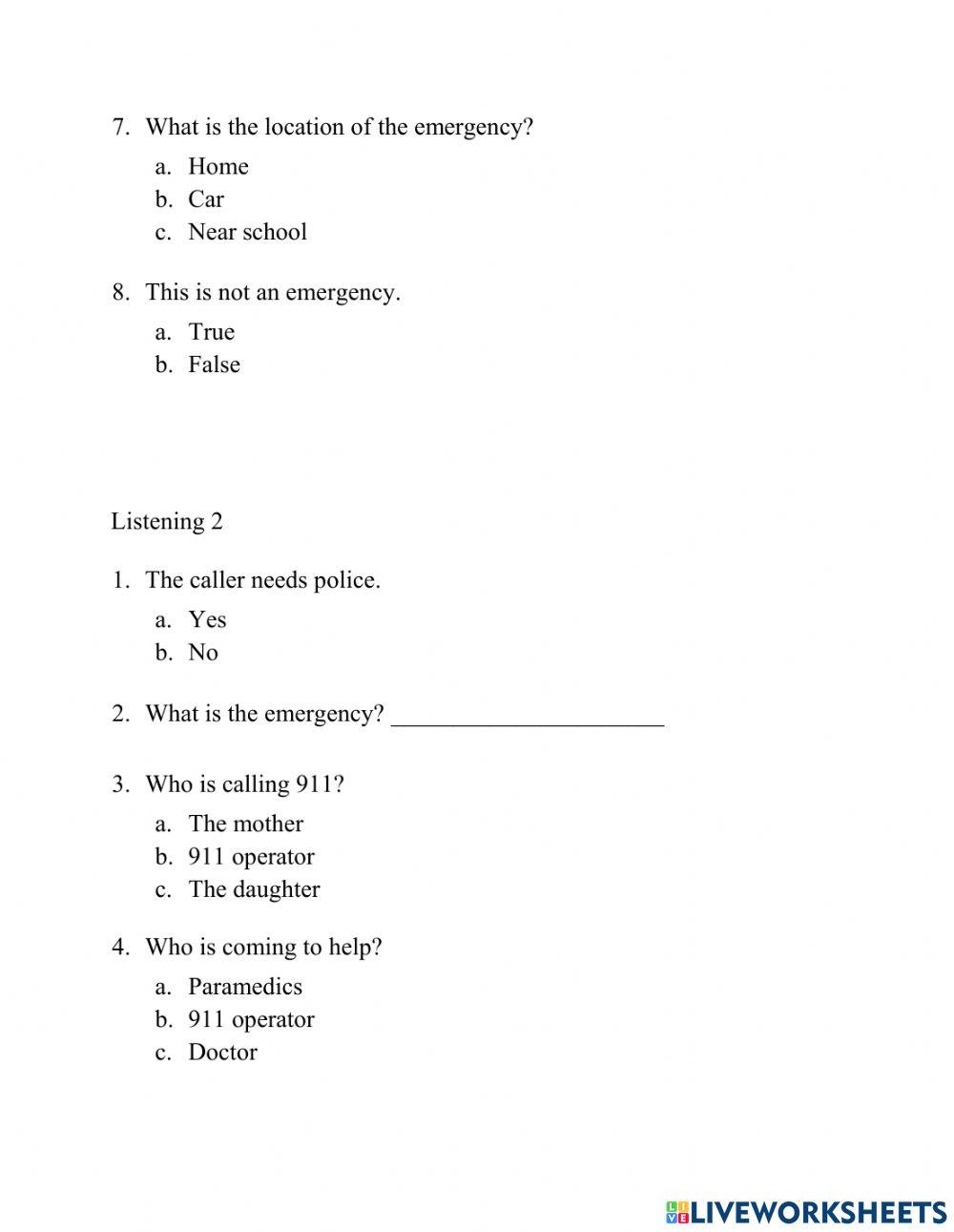 CLB 3-Emergencies-Calling 911-Listening Skill Using-GTD online exercise ...