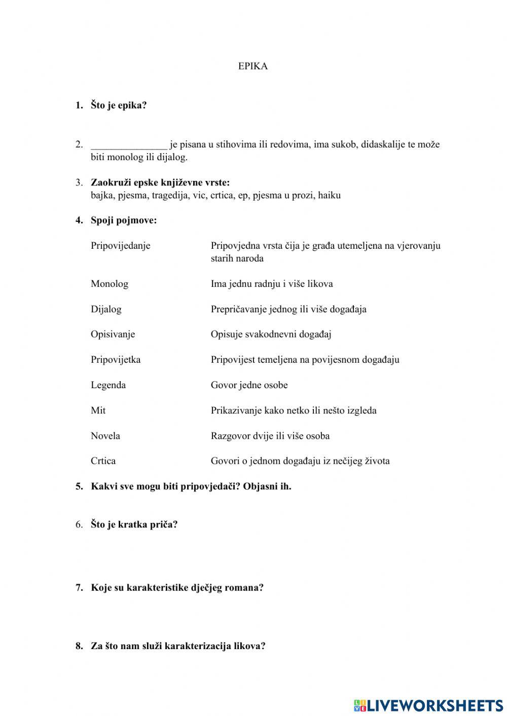 Epika, ponavlja… | Free Interactive Worksheets | 2278647