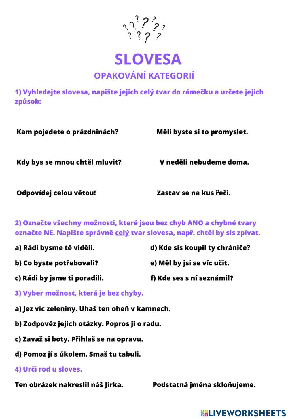 Slovesa - kategorie worksheet | Live Worksheets