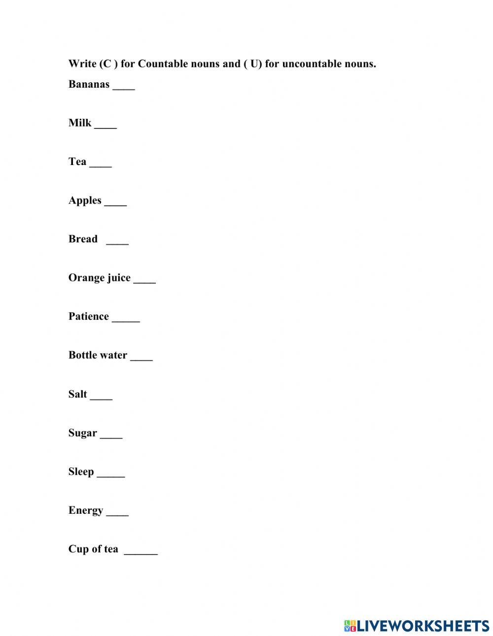 Countable and Uncountable exercise for 5 | Live Worksheets