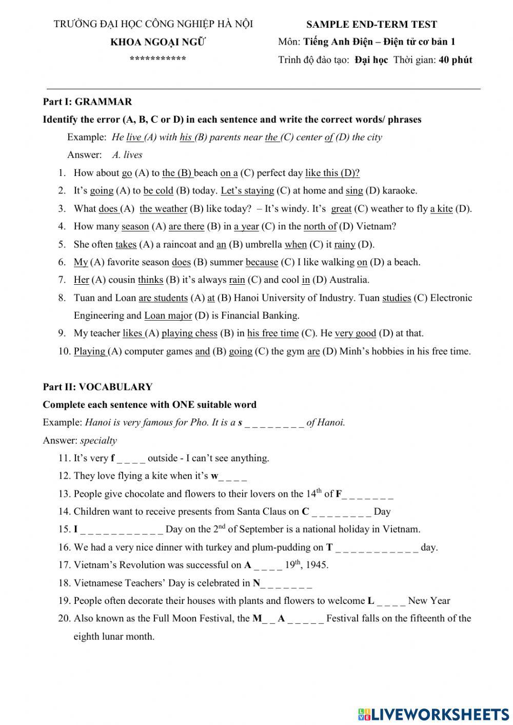Sample Test interactive worksheet for Pre-Inter | Live Worksheets