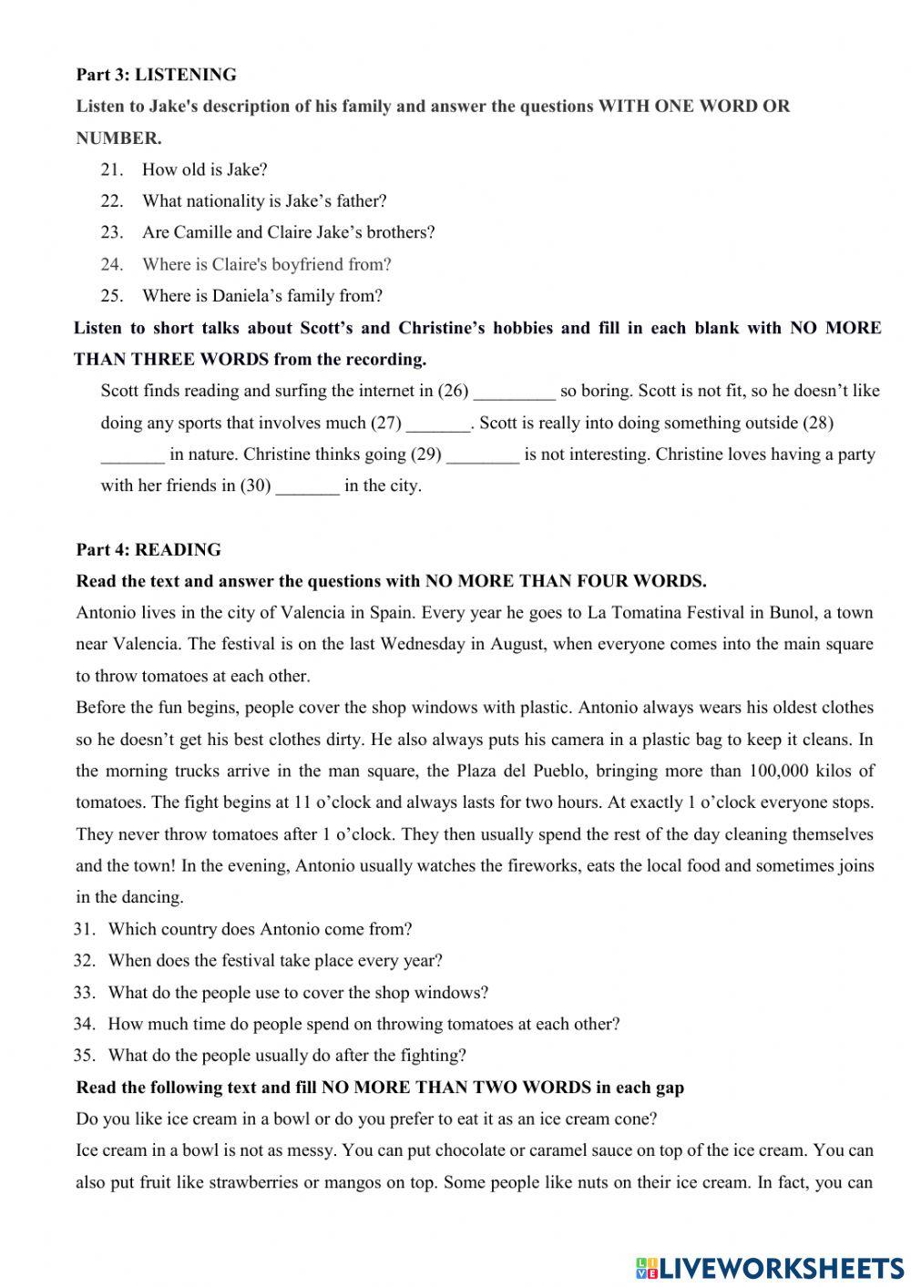 Sample Test interactive worksheet for Pre-Inter | Live Worksheets