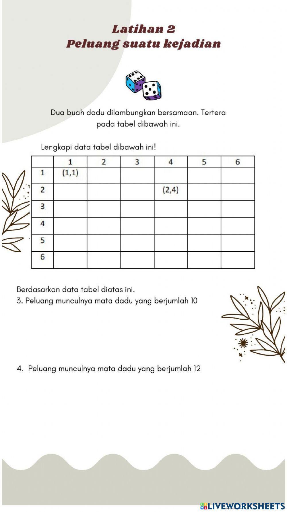Peluang online worksheet for Grade 10 | Live Worksheets