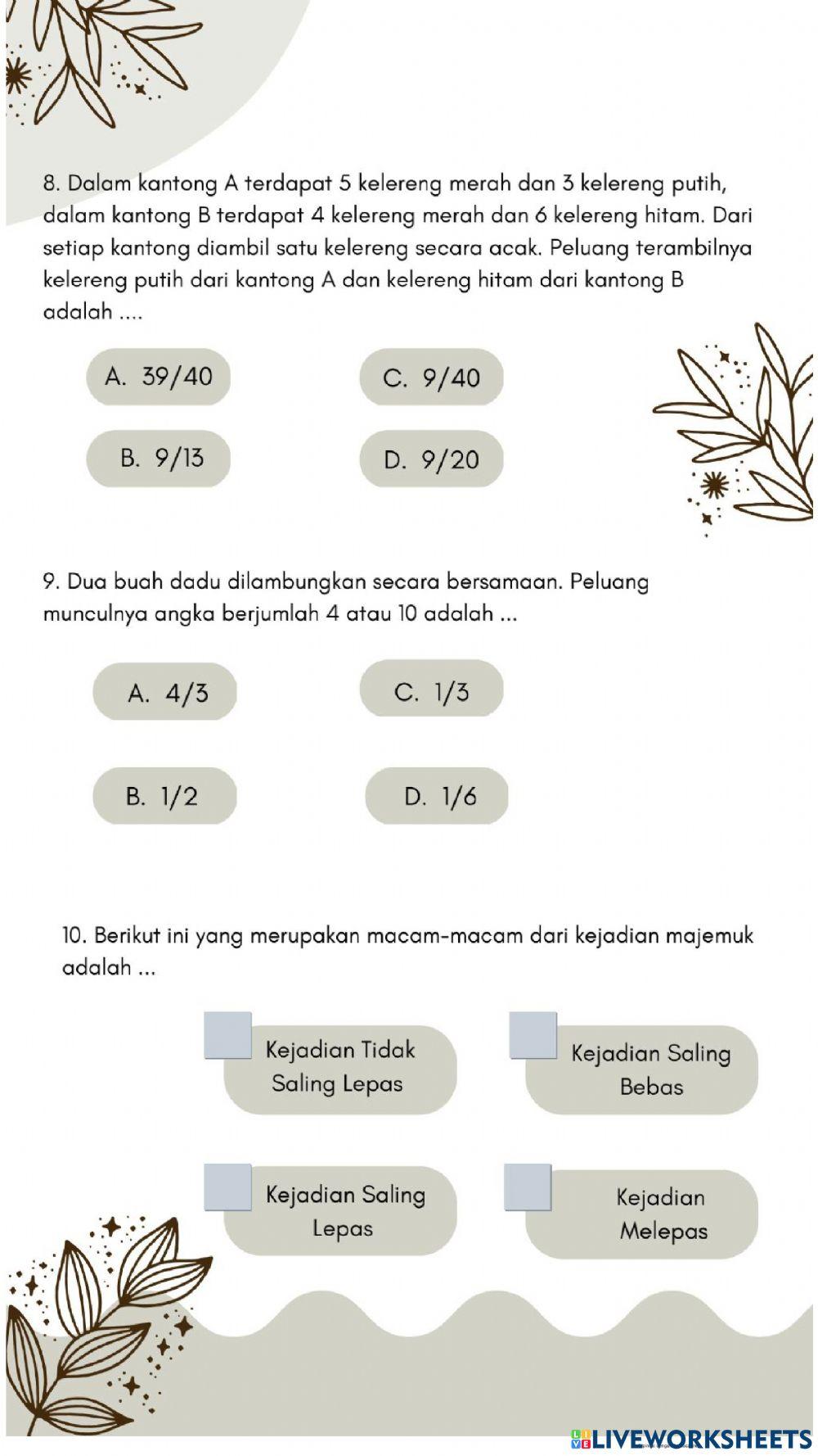 Peluang online worksheet for Grade 10 | Live Worksheets