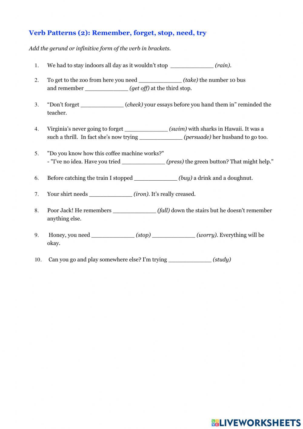 Gerunds and Infinitives online exercise for | Live Worksheets