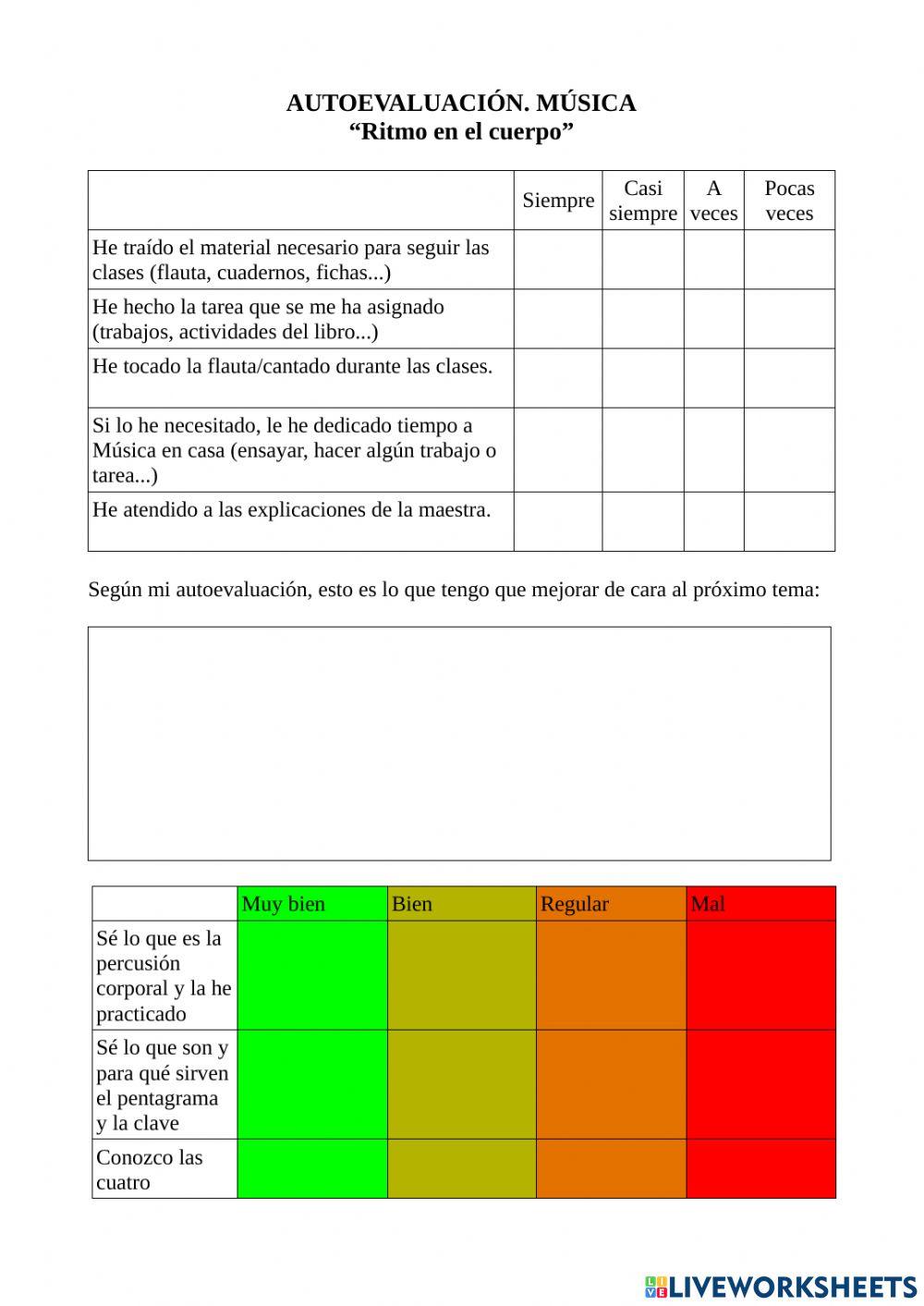 Autoevaluación: -Ritmo en el cuerpo- worksheet | Live Worksheets