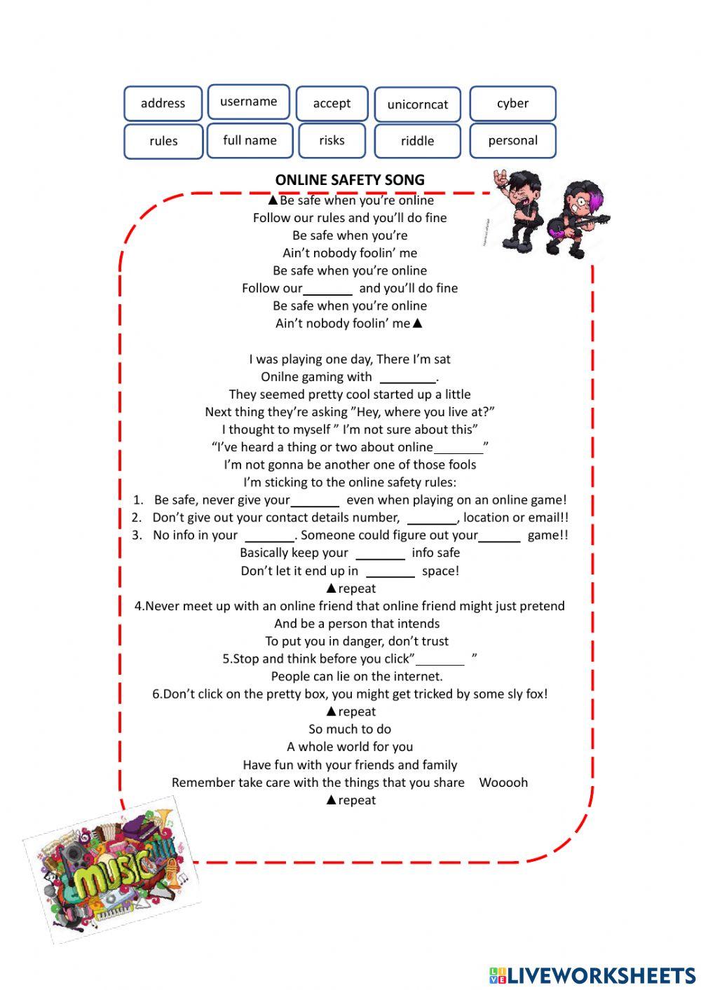 Online safety song worksheet | Live Worksheets